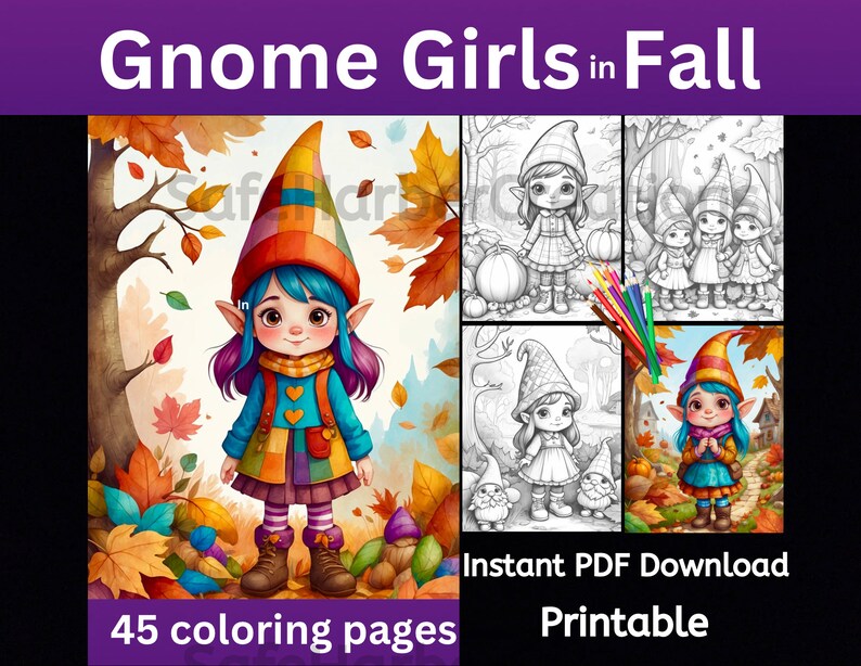 Gnome Girls in Fall Coloring Pages, 45 Pages, Instant Download ...