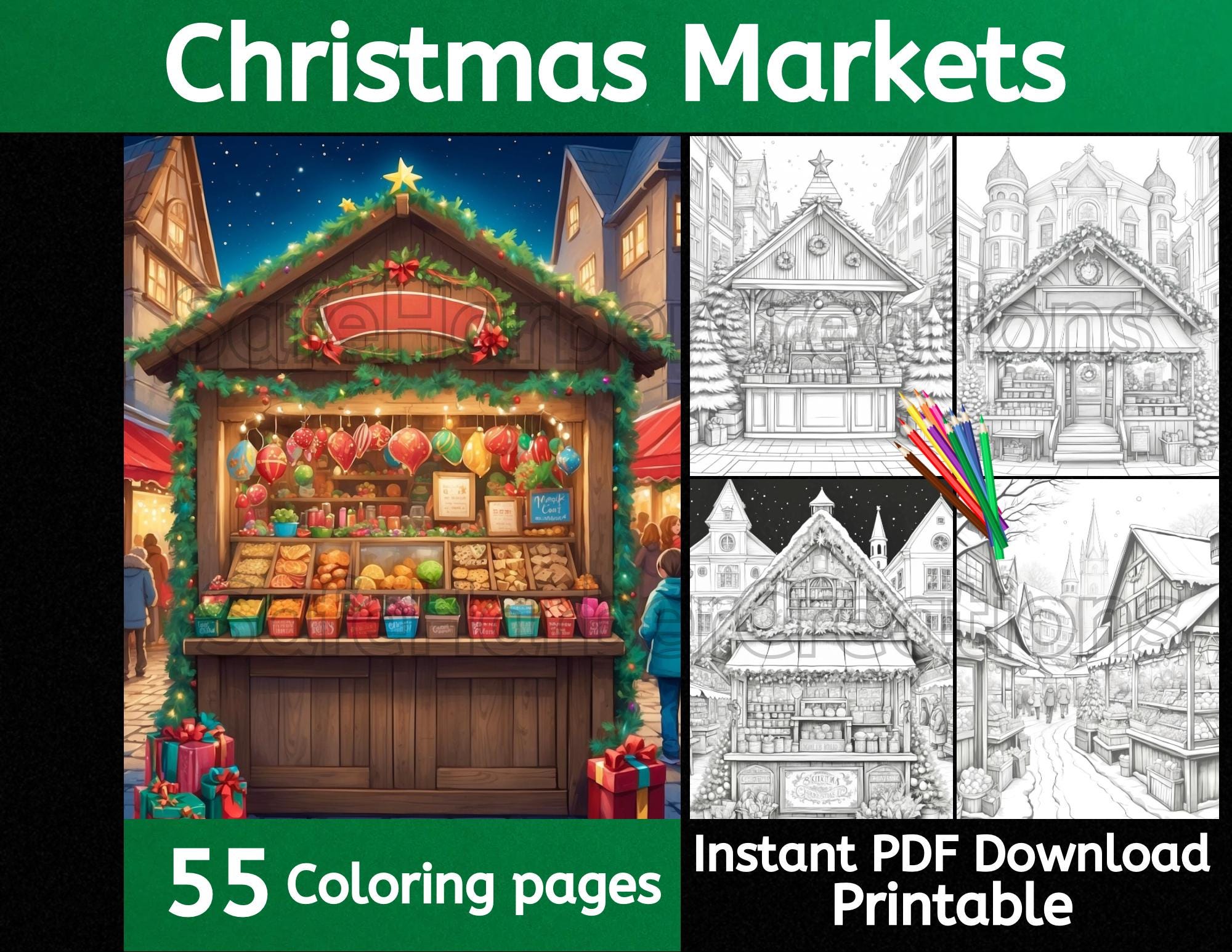 Christmas Market Coloring Pages, Instant Download, Printable, Christmas ...