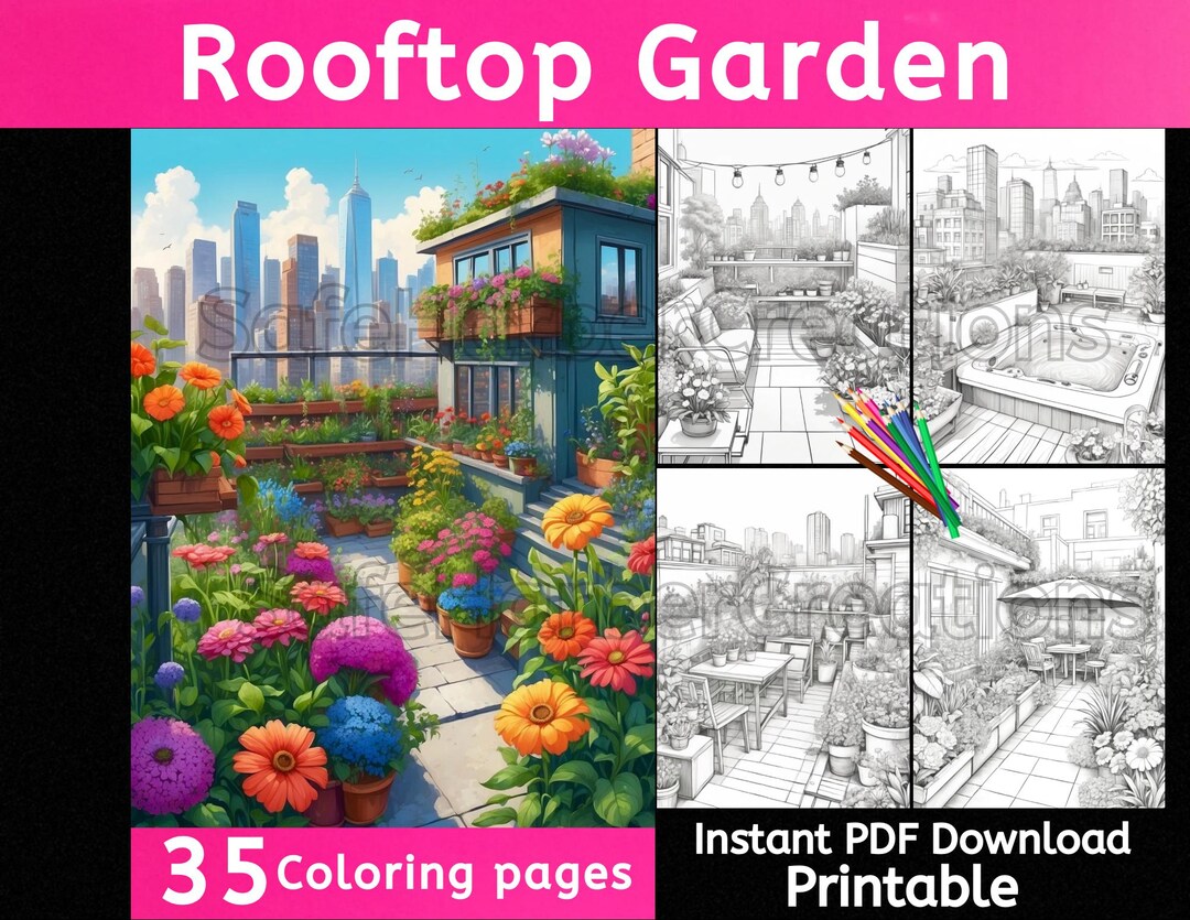 Rooftop Garden Coloring Pages, Instant Download, Printable, Garden ...
