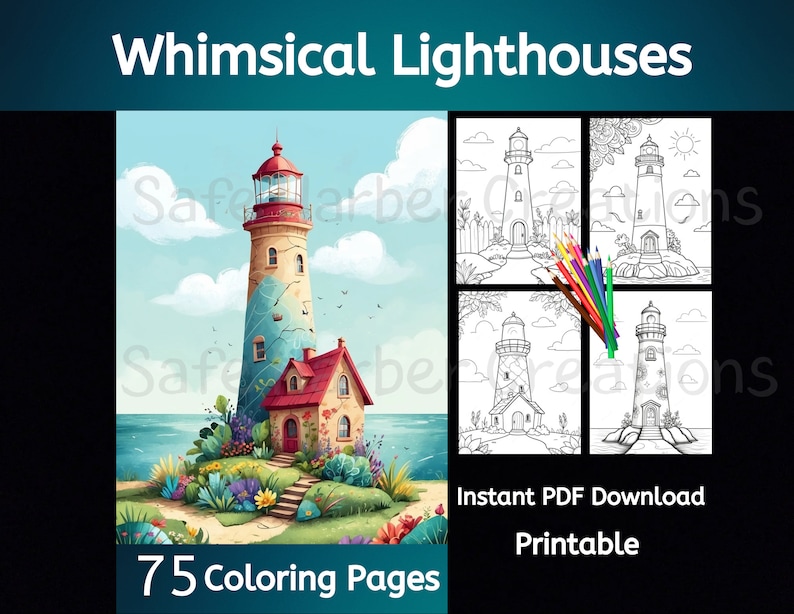 Whimsical Lighthouses, 75 Fun Coloring Pages, Instant Download ...
