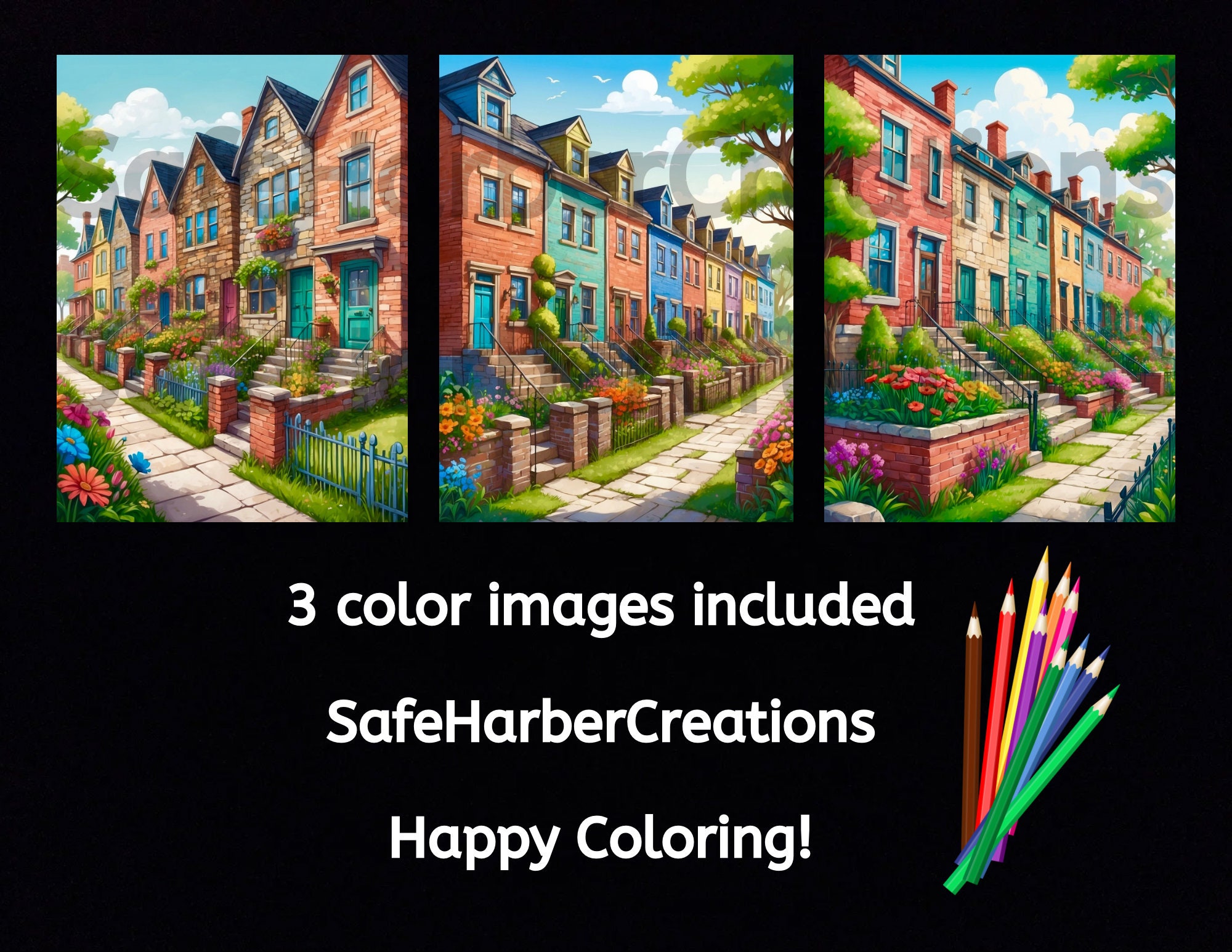 Stone Row Houses Coloring Pages, 40 Pages, Instant Pdf Download ...