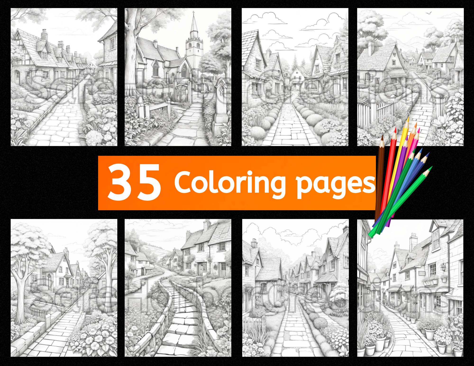 The Village Path Coloring Pages, Instant Download, Printable, Cottage ...