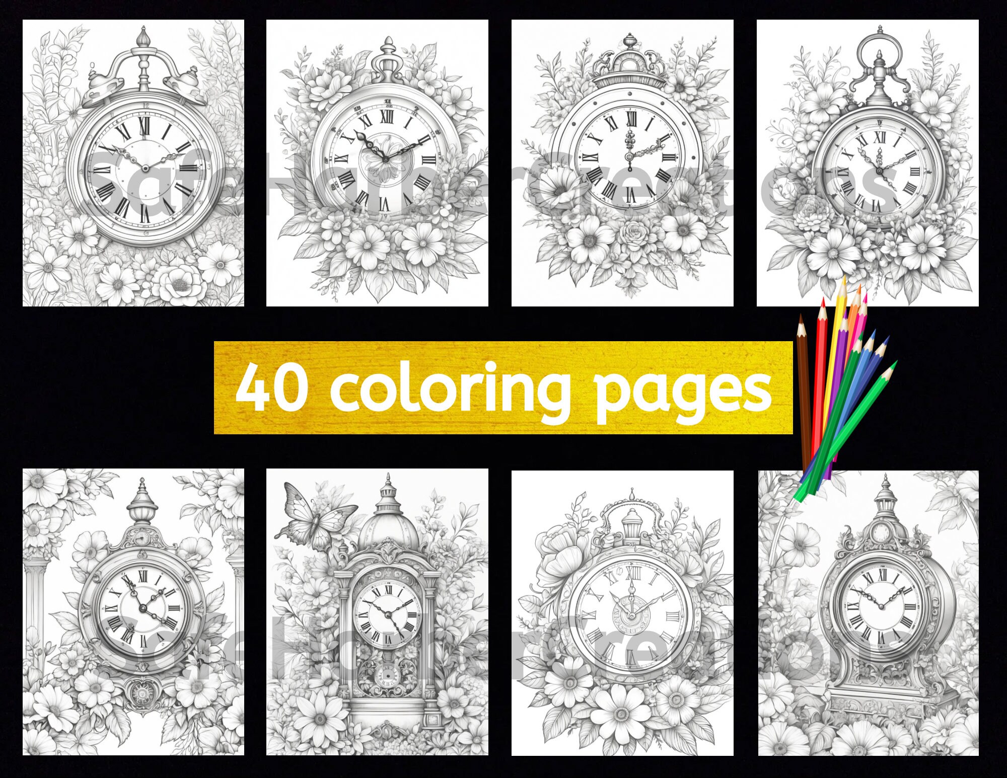Antique Flower Clock Coloring Pages, 40 Pages, Instant Download ...