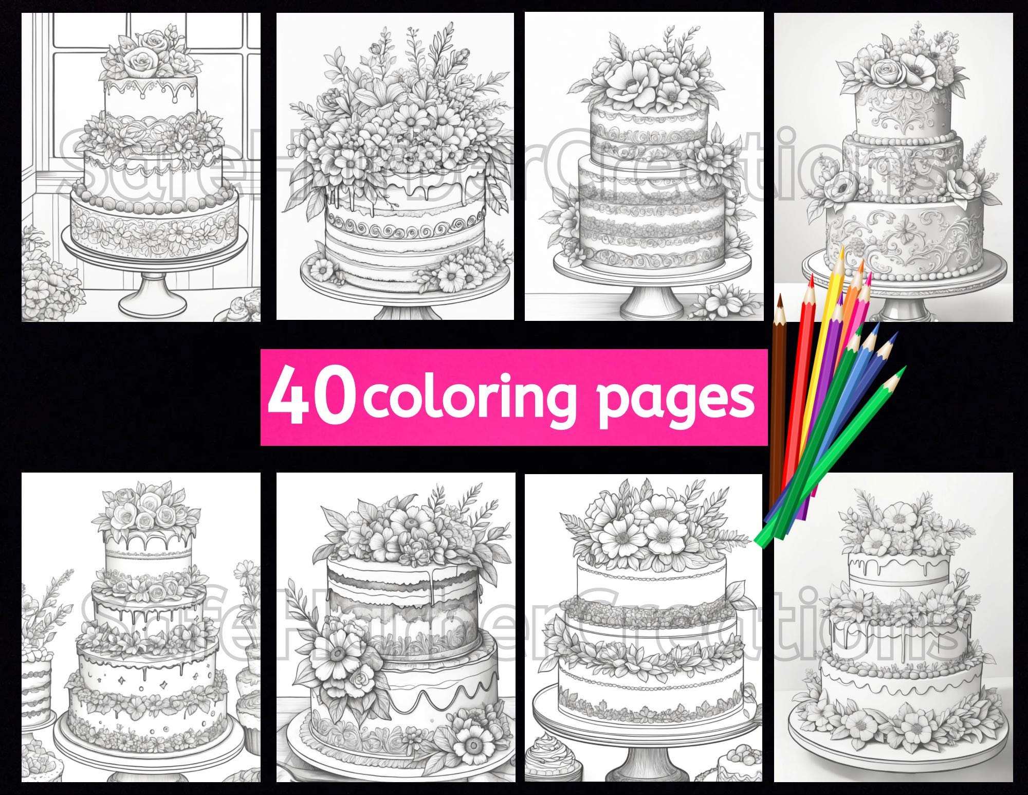 Flower Cakes Coloring Pages, 40 Pictures, Instant Download, Printable ...