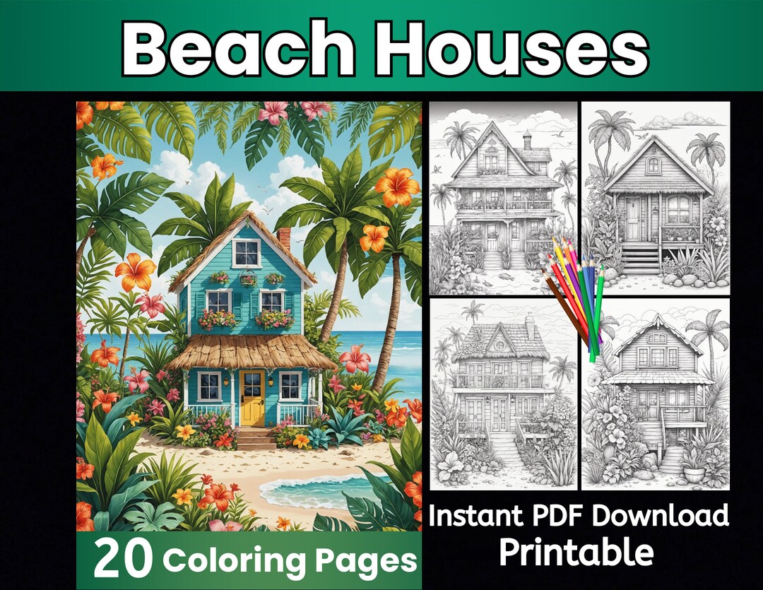 Tropical Beach House Coloring Pages, 20 Images, Instant Download ...