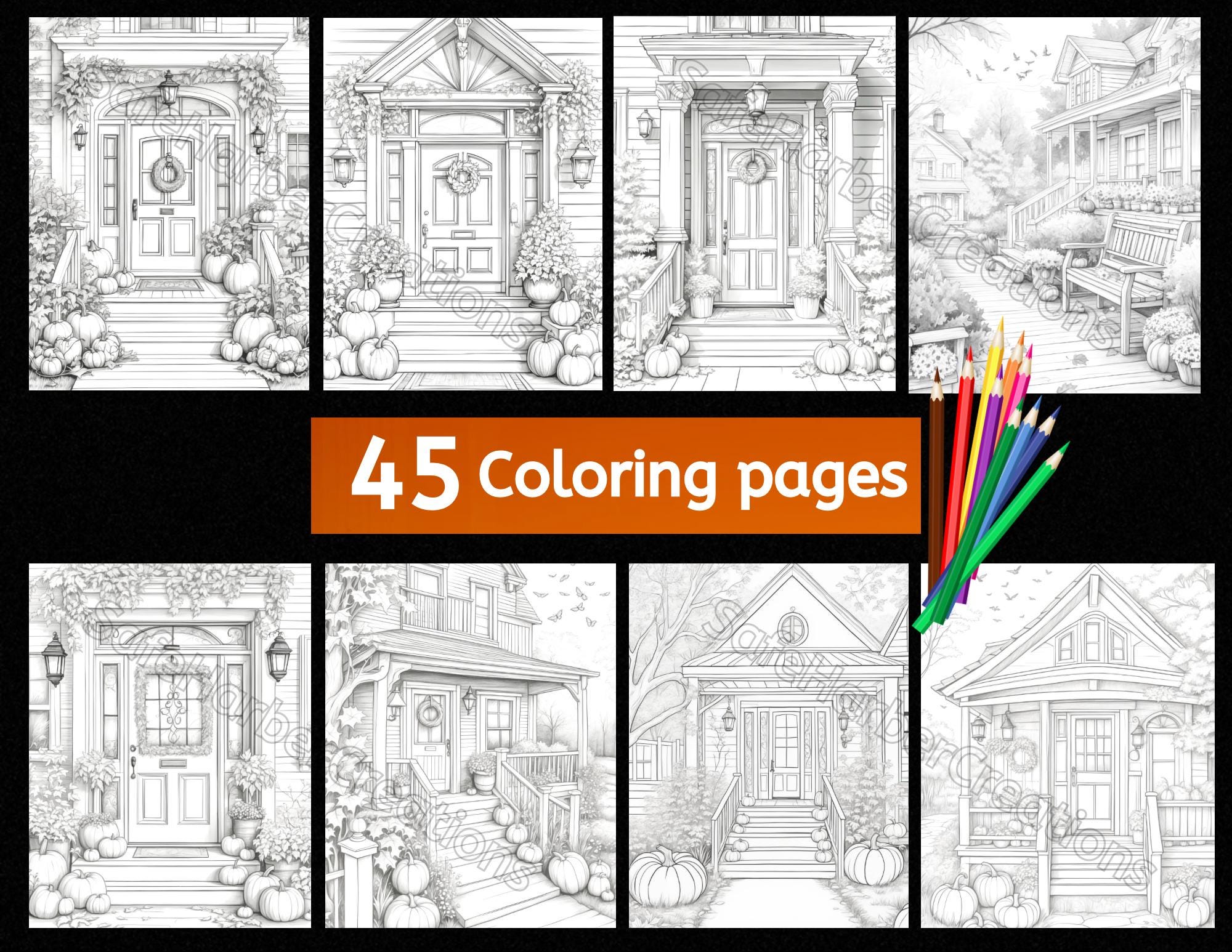 Fall Porch Coloring Pages, Instant Download, Fall Coloring, House ...