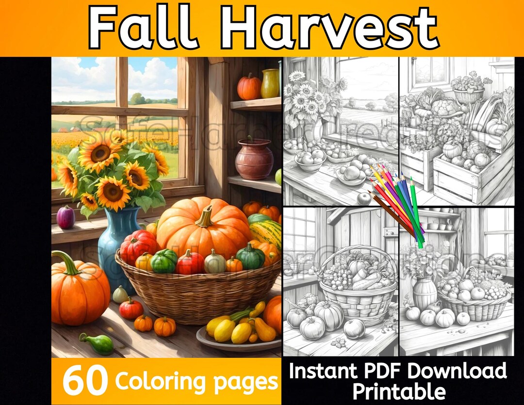 Fall Harvest Coloring Pages, 60 Pictures, Instant Download, Printable ...