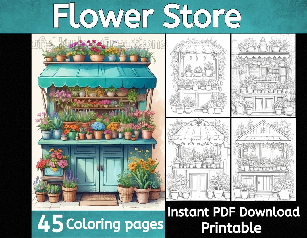 The Flower Store Coloring Pages, Instant Download, Printable, Flower ...