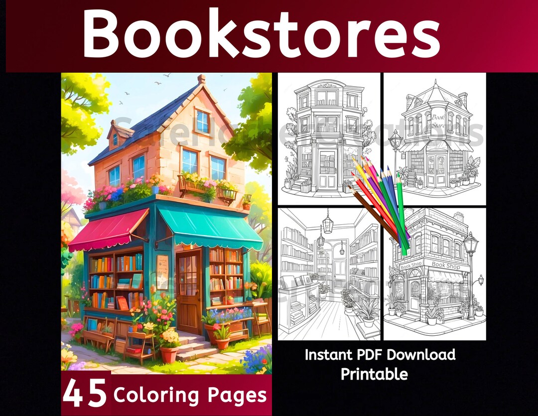 Bookstore Coloring Pages, 45 Images, Instant Download, Printable, Books ...