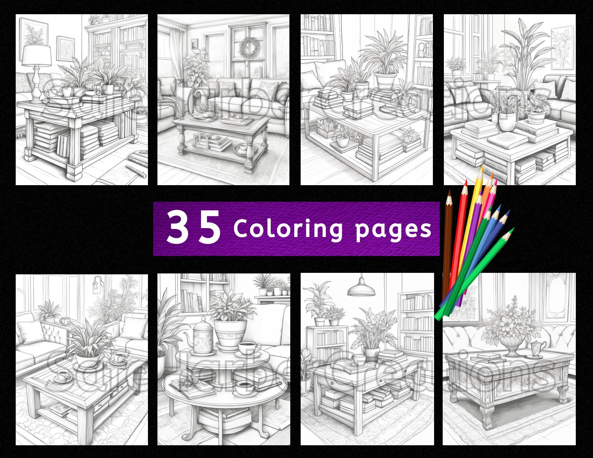 Coffee Table Coloring Pages, Instant Download, Printable, Greyscale ...