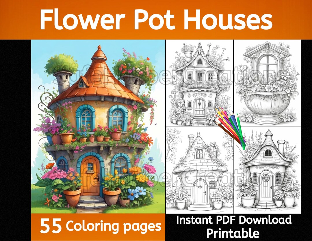 Flower Pot Houses Coloring Pages, Instant Download, Printable, Flower ...