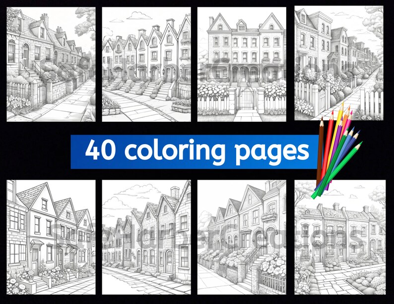 Stone Row Houses Coloring Pages, 40 Pages, Instant Pdf Download ...