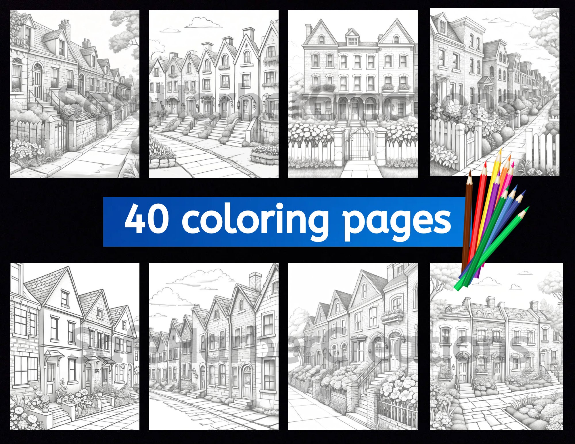 Stone Row Houses Coloring Pages, 40 Pages, Instant Pdf Download ...