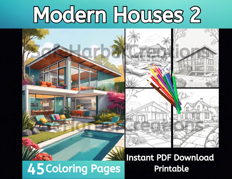 Modern Houses 2 Coloring Pages.45 Images, Instant Download, Printable ...
