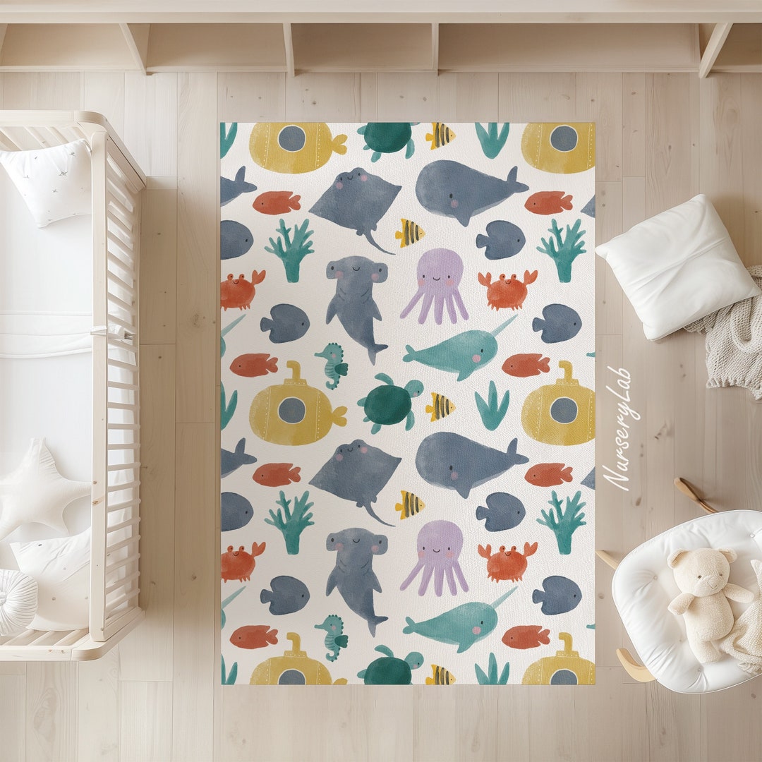 Cute Sea Animals Nursery Rug, Kids Area Rug, Washable Non Slip Soft Rug ...