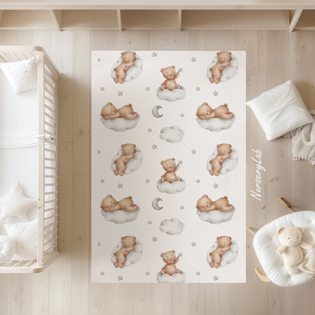 Teddy Bear and Cloud Rug, Nursery Rug, Kids Area Rug, Washable Non Slip ...