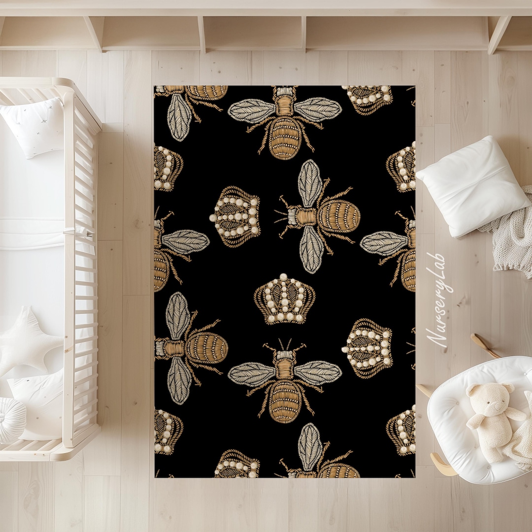 Black Embroidered Bee Rugs, Nursery Rug, Kids Area Rug, Washable Non ...