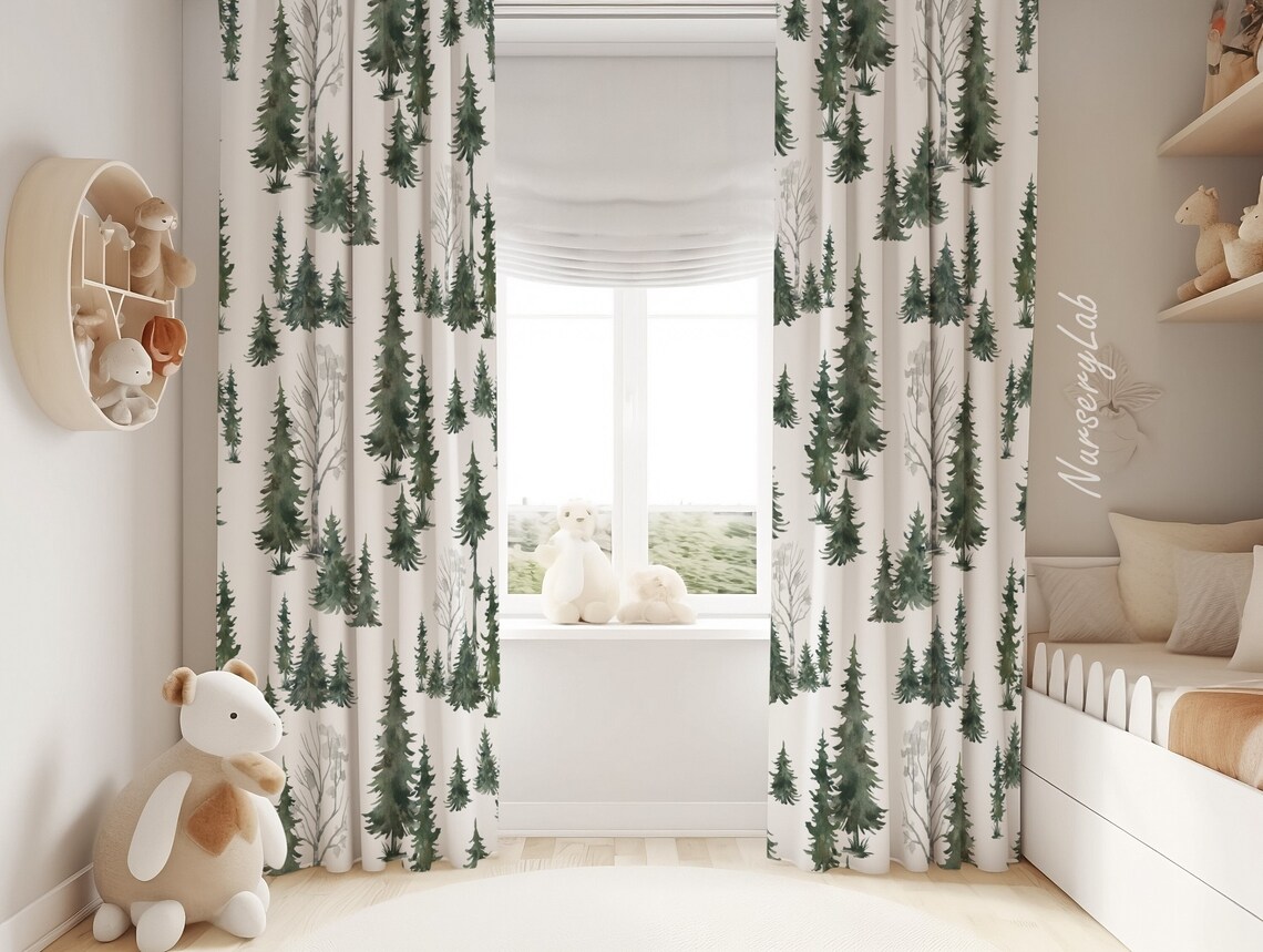 Watercolor Forest Tree Baby Boy Room Curtain Nursery Curtains Window ...