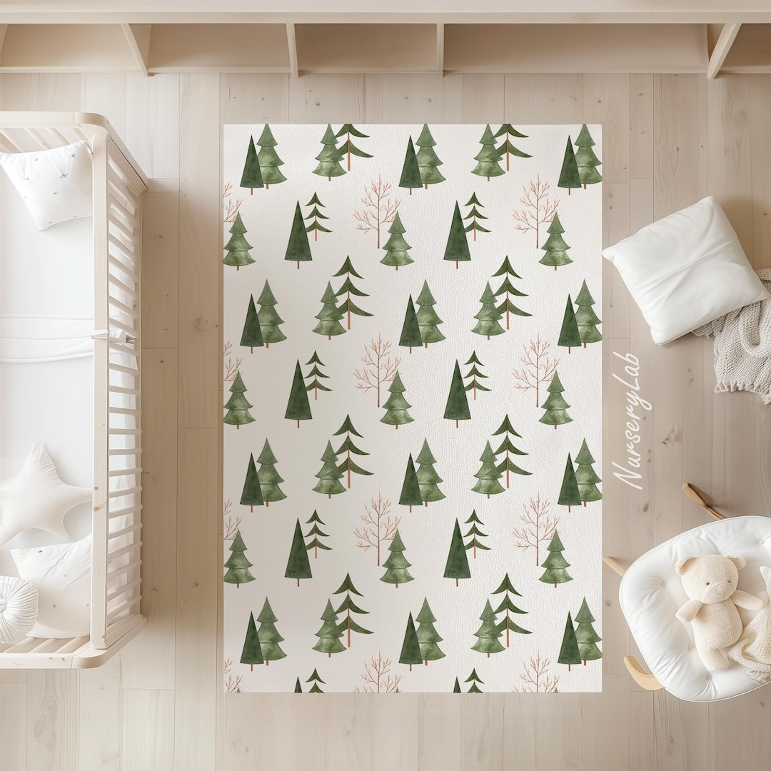 Watercolor Pine Trees Rug, Nursery Rug, Kids Area Rug, Washable Non ...