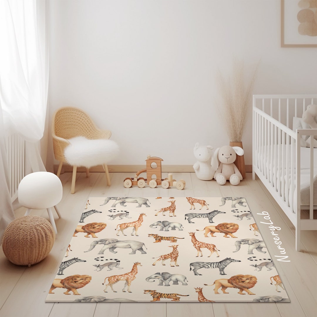 Safari Animals Rug, Nursery Rug, Kids Area Rug, Washable Non Slip Soft ...