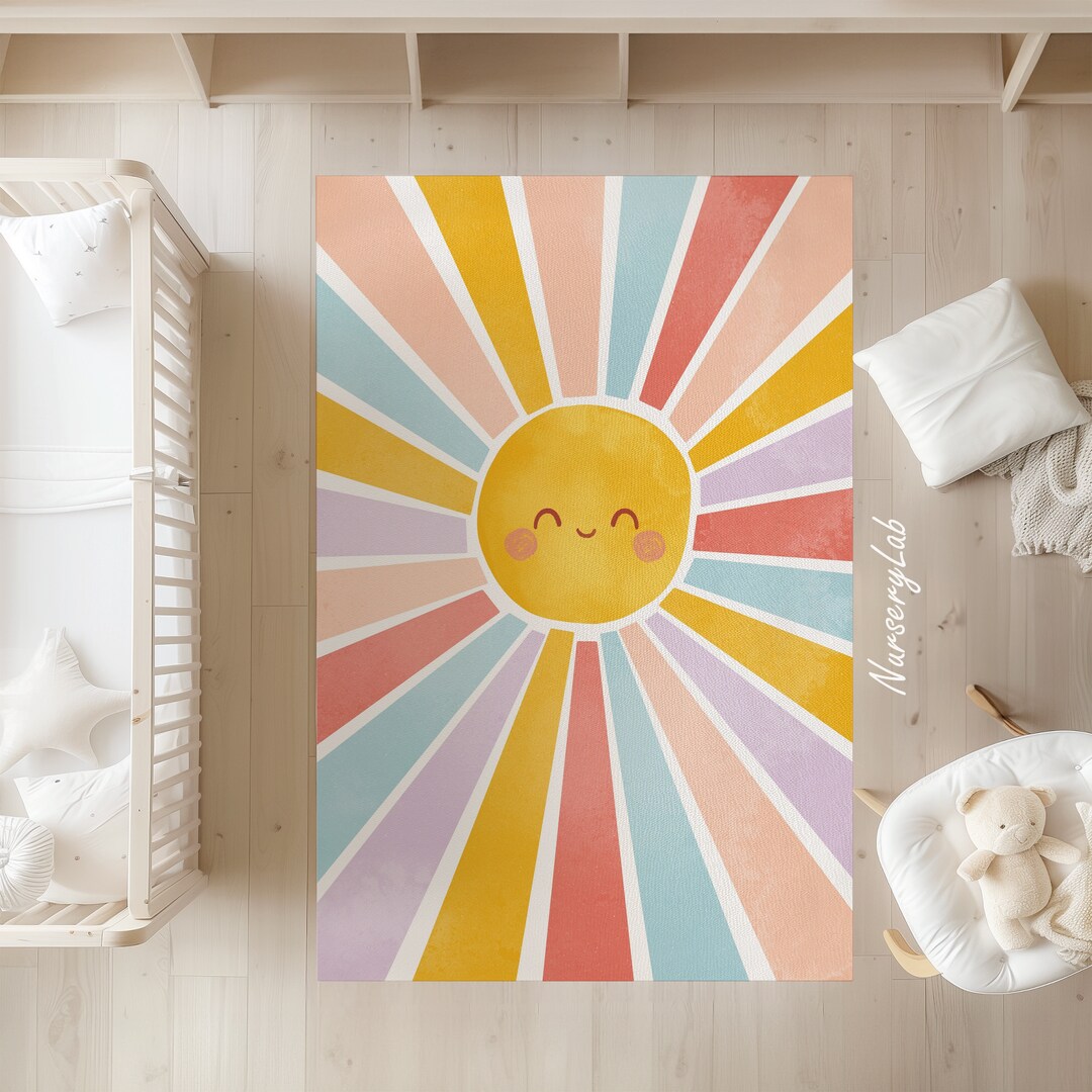 Rainbow Sun Nursery Rug: Soft, Washable, Non-slip Kids Play Area - Etsy