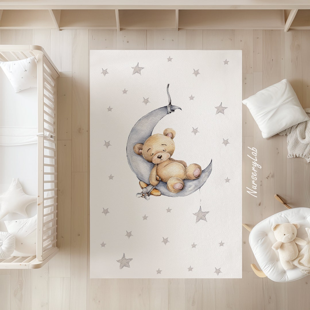 Teddy Bear and Moon Rug, Nursery Rug, Kids Area Rug, Washable Non Slip ...