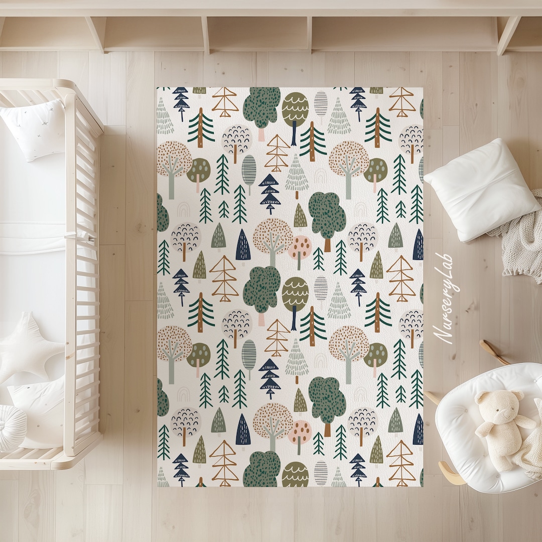 Watercolor Woodland Trees Rug, Nursery Rug, Kids Area Rug, Washable Non ...