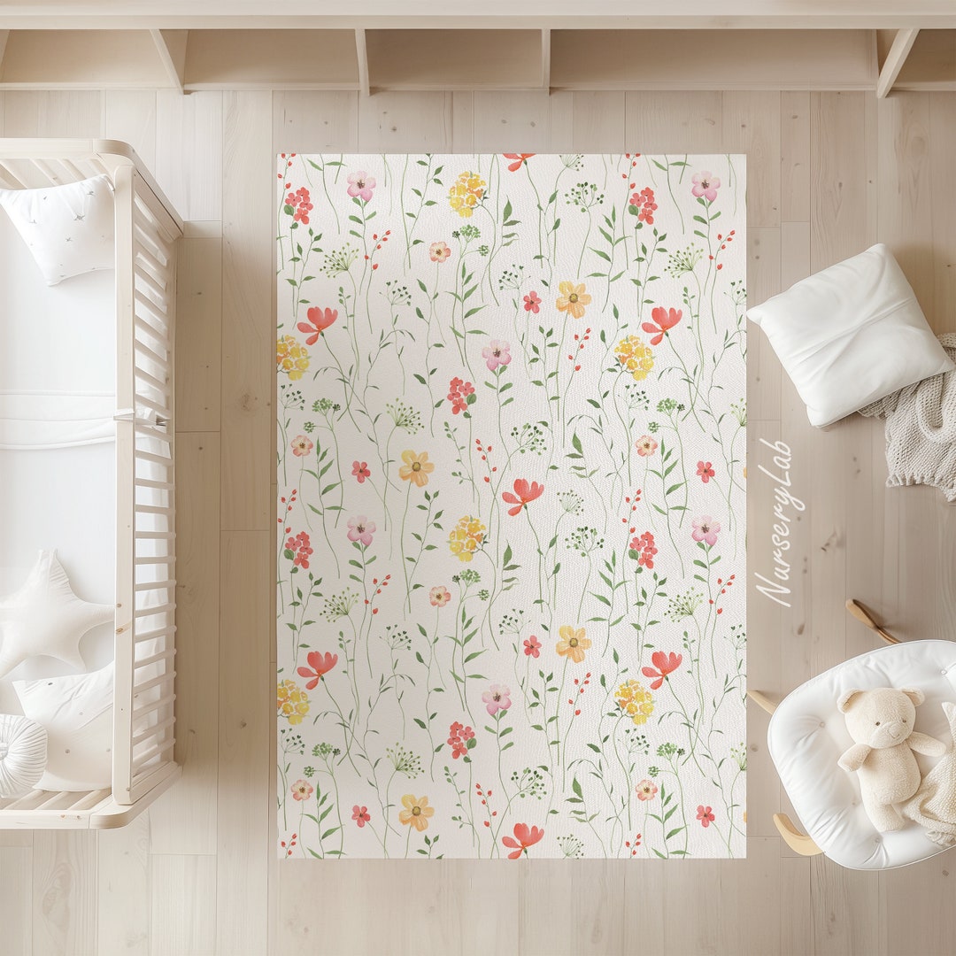Soft Wildflowers Rug, Nursery Rug, Kids Area Rug, Washable Non Slip ...