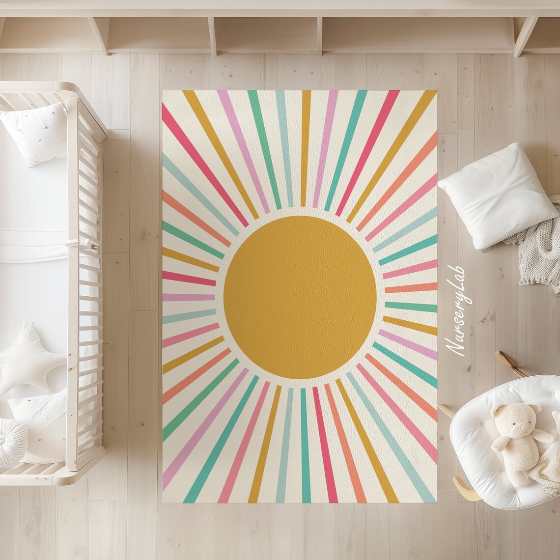 Boho Rainbow Sun Rug, Nursery Rug, Kids Area Rug, Washable Non Slip ...