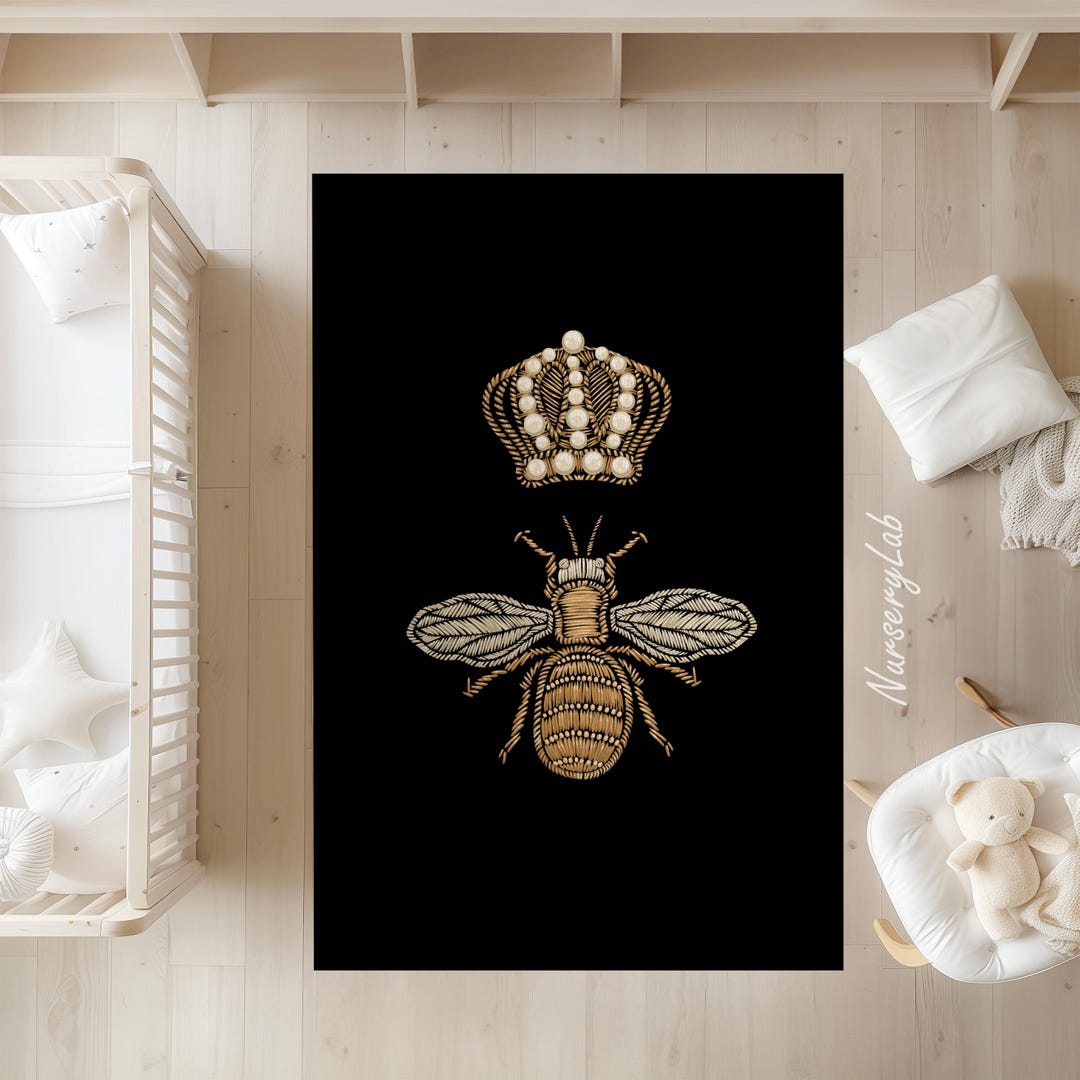 Black Embroidered Bee Rugs, Nursery Rug, Kids Area Rug, Washable Non ...