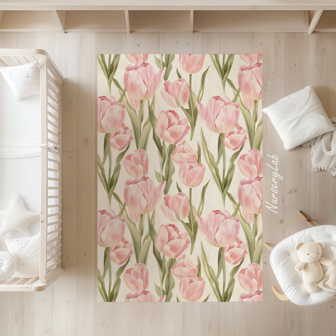 Watercolor Pink Tulips Rug, Nursery Rug, Kids Area Rug, Washable Non ...
