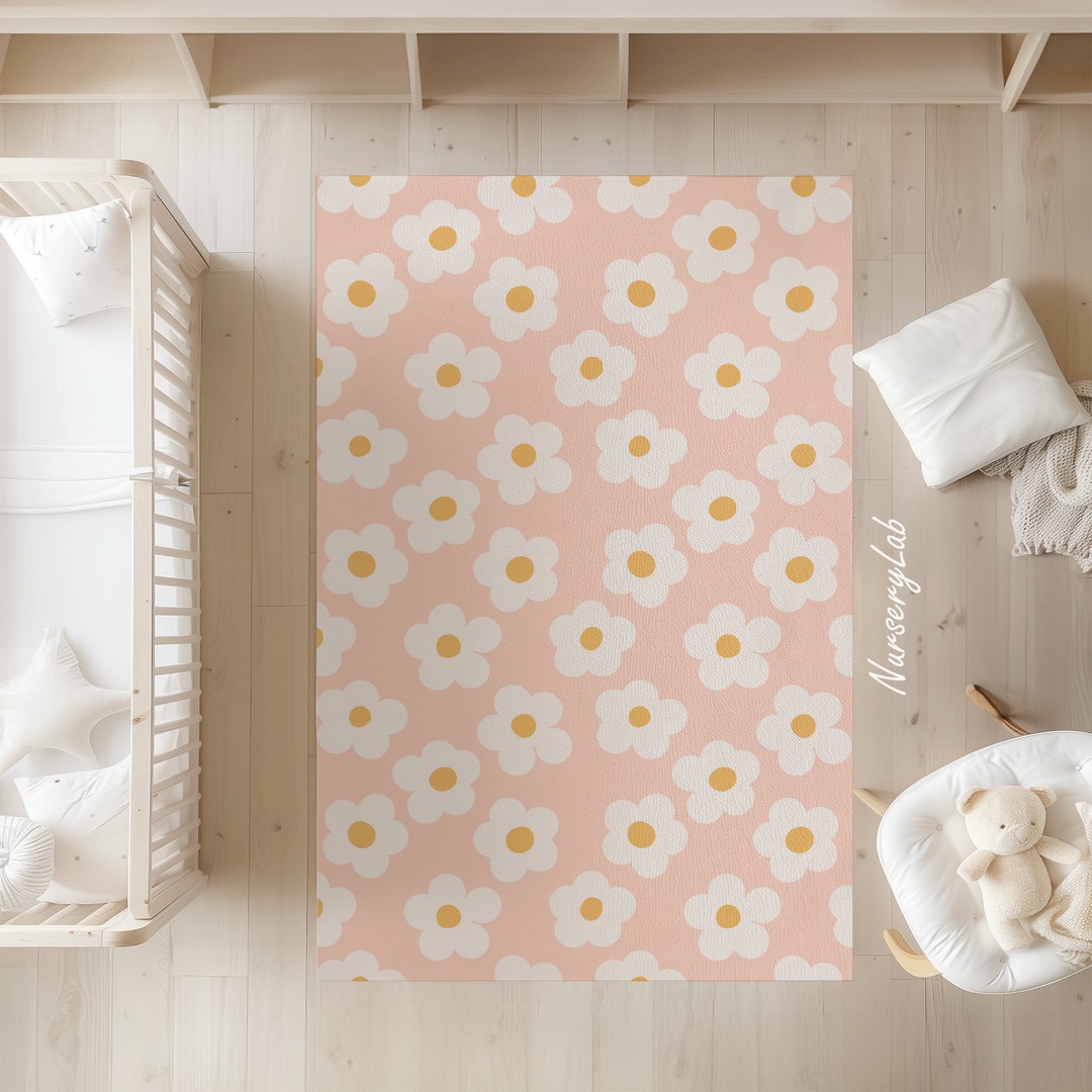 Daisy Rug, Nursery Rug, Kids Area Rug, Washable Non Slip Soft Rug, Play ...