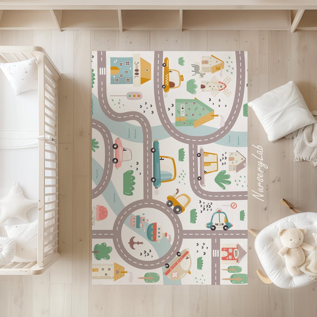 Cute Town Map With Roads Rugs, Nursery Rug, Kids Area Rug, Washable Non ...