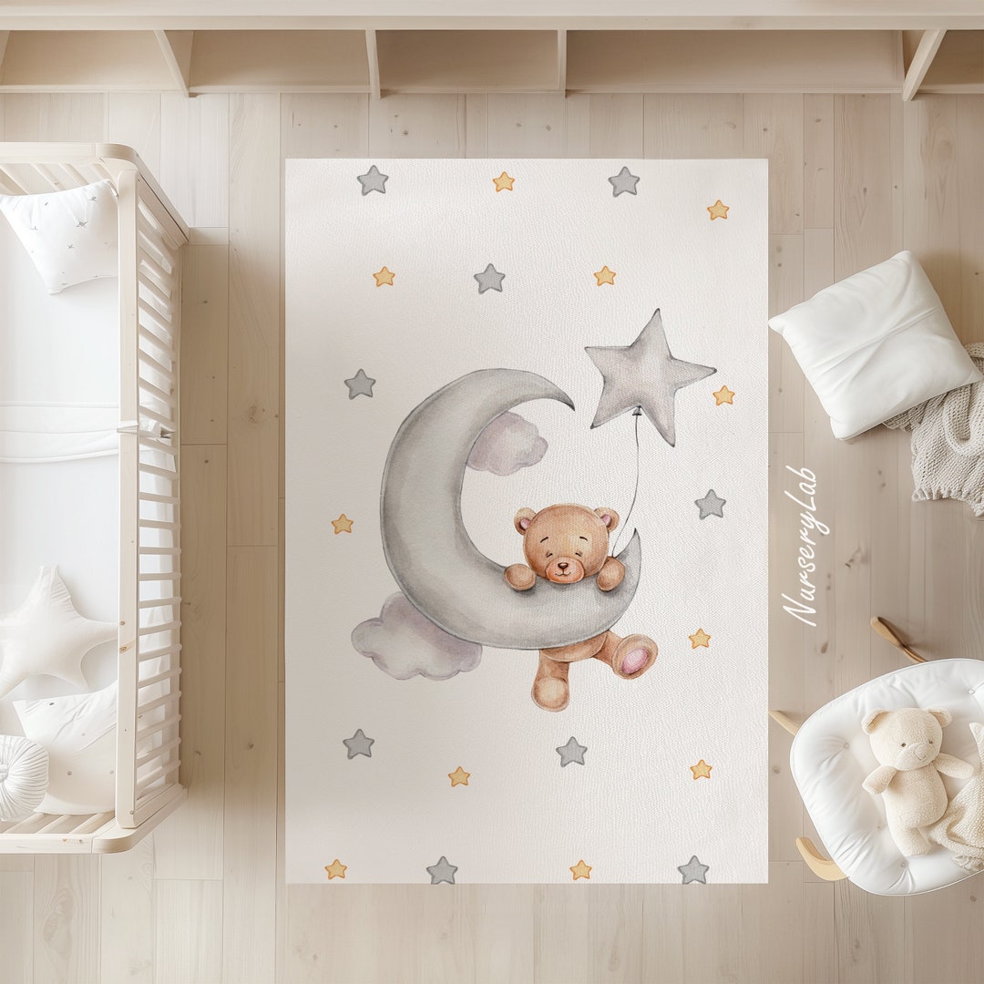Teddy Bear Stars Nursery Rug: Soft, Washable, Non-slip Kids Play Area ...