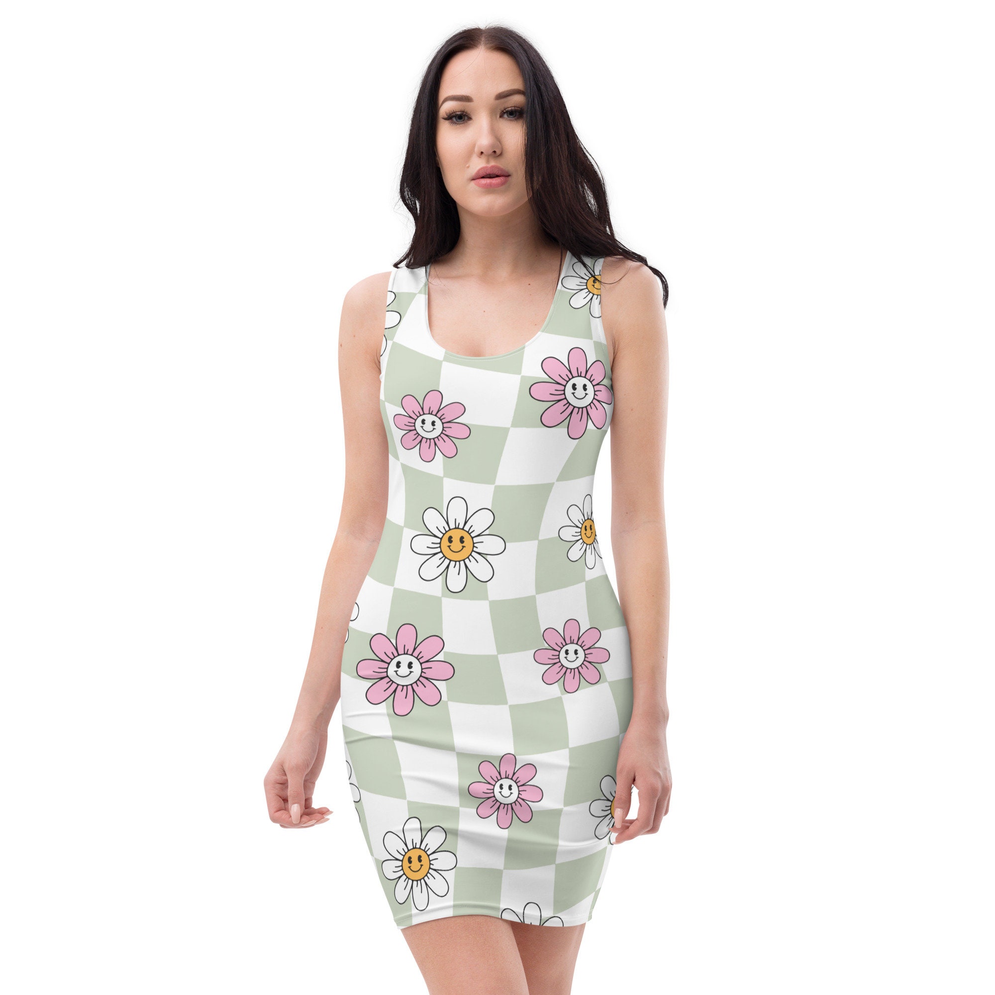 Women's Checkerboard Smiley Face Flower Power Dress Boho Rock Concert ...
