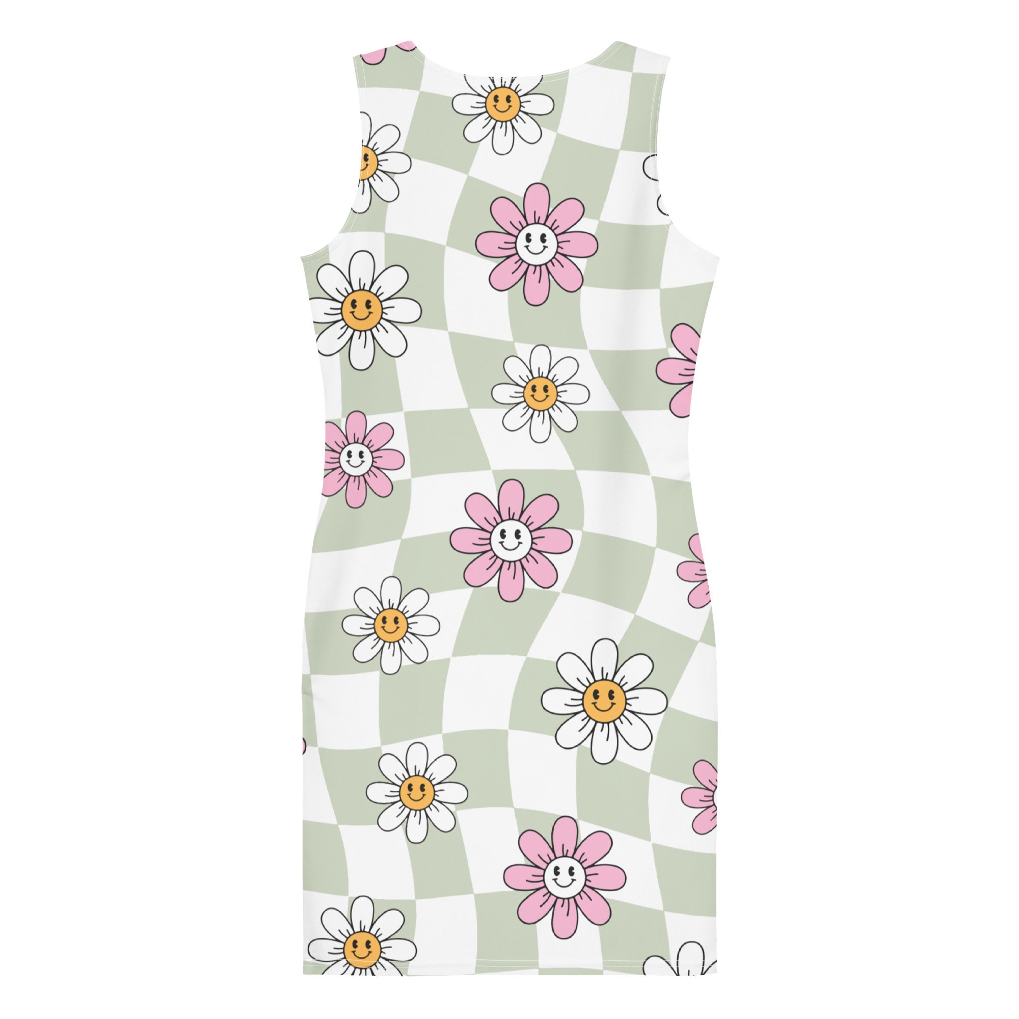 Women's Checkerboard Smiley Face Flower Power Dress Boho Rock Concert ...