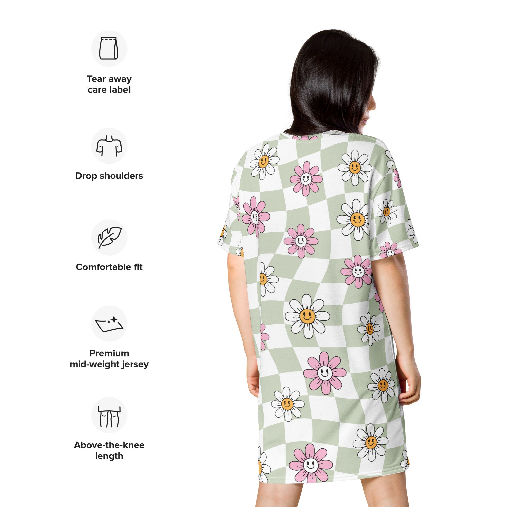 Women's Checkerboard Smiley Face Flower Power Dress Boho Rock Concert ...