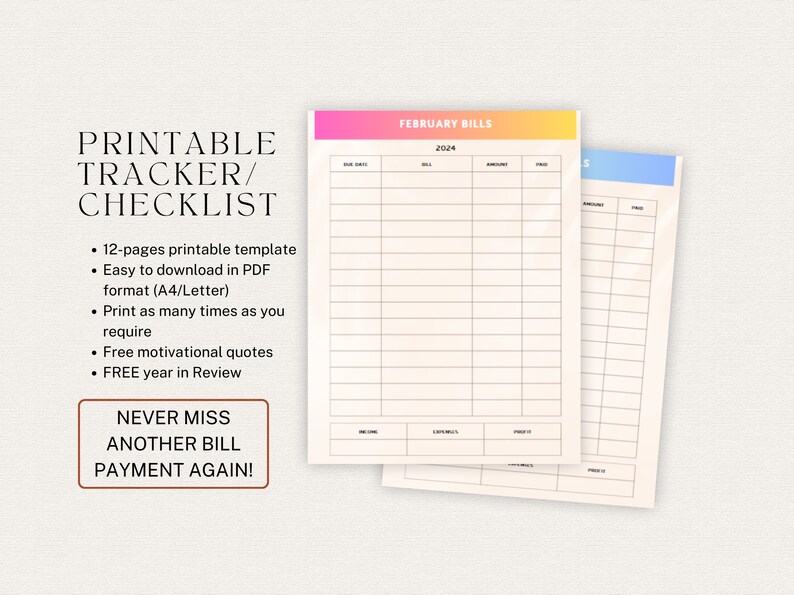 Bill Payment Tracker, Printable Monthly Bill Organizer & Checklist ...