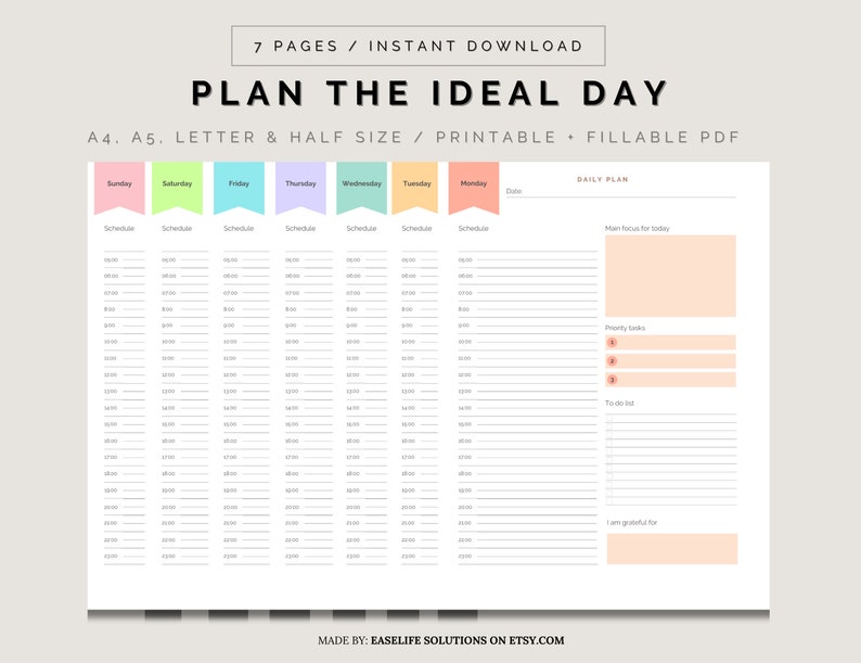 Daily Planner, Printable 7 Day Planner, Weekly Planner, Hourly Planner ...