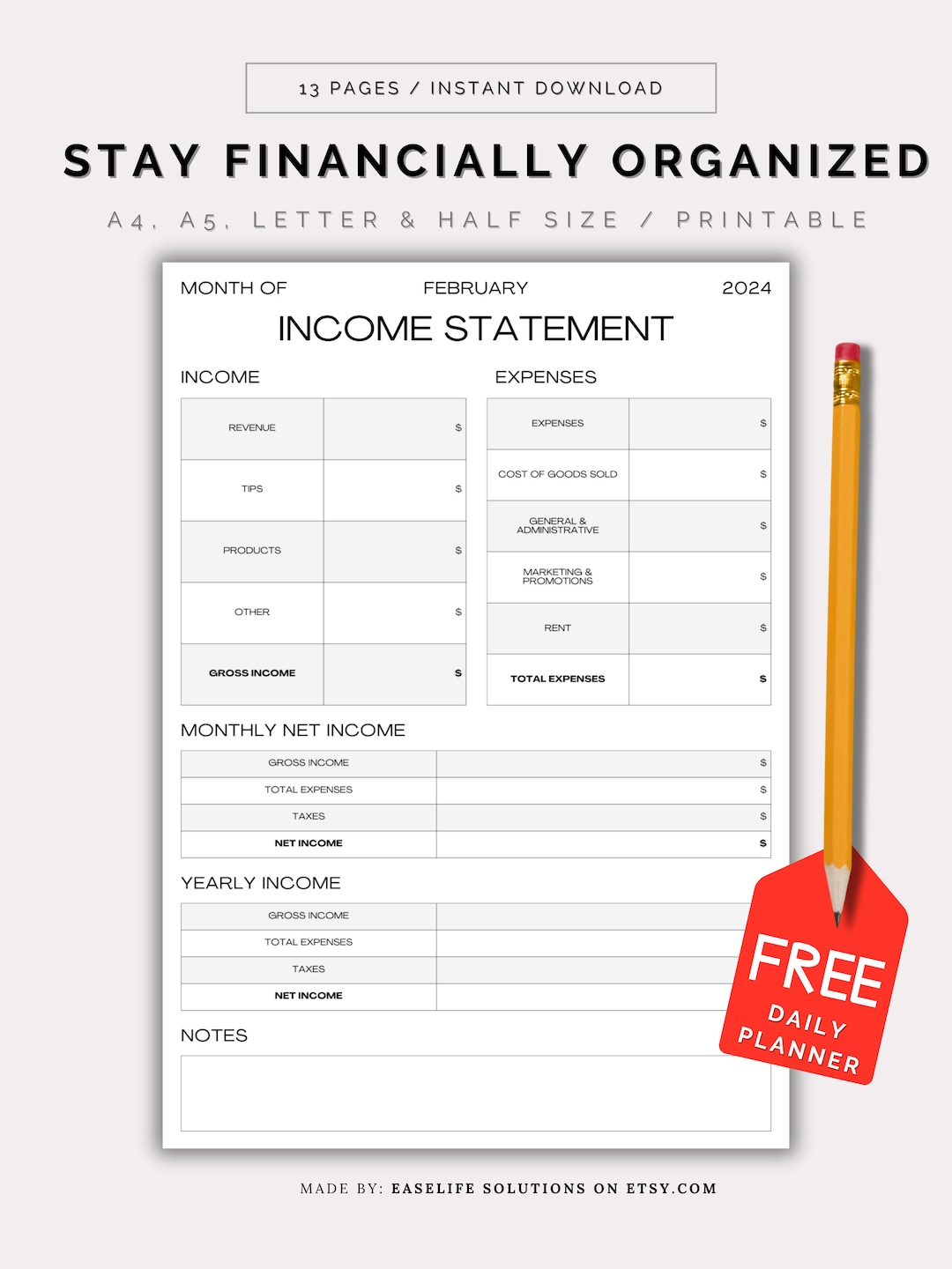 Printable Monthly Income Statement Tracker, Income Expense Tracker ...