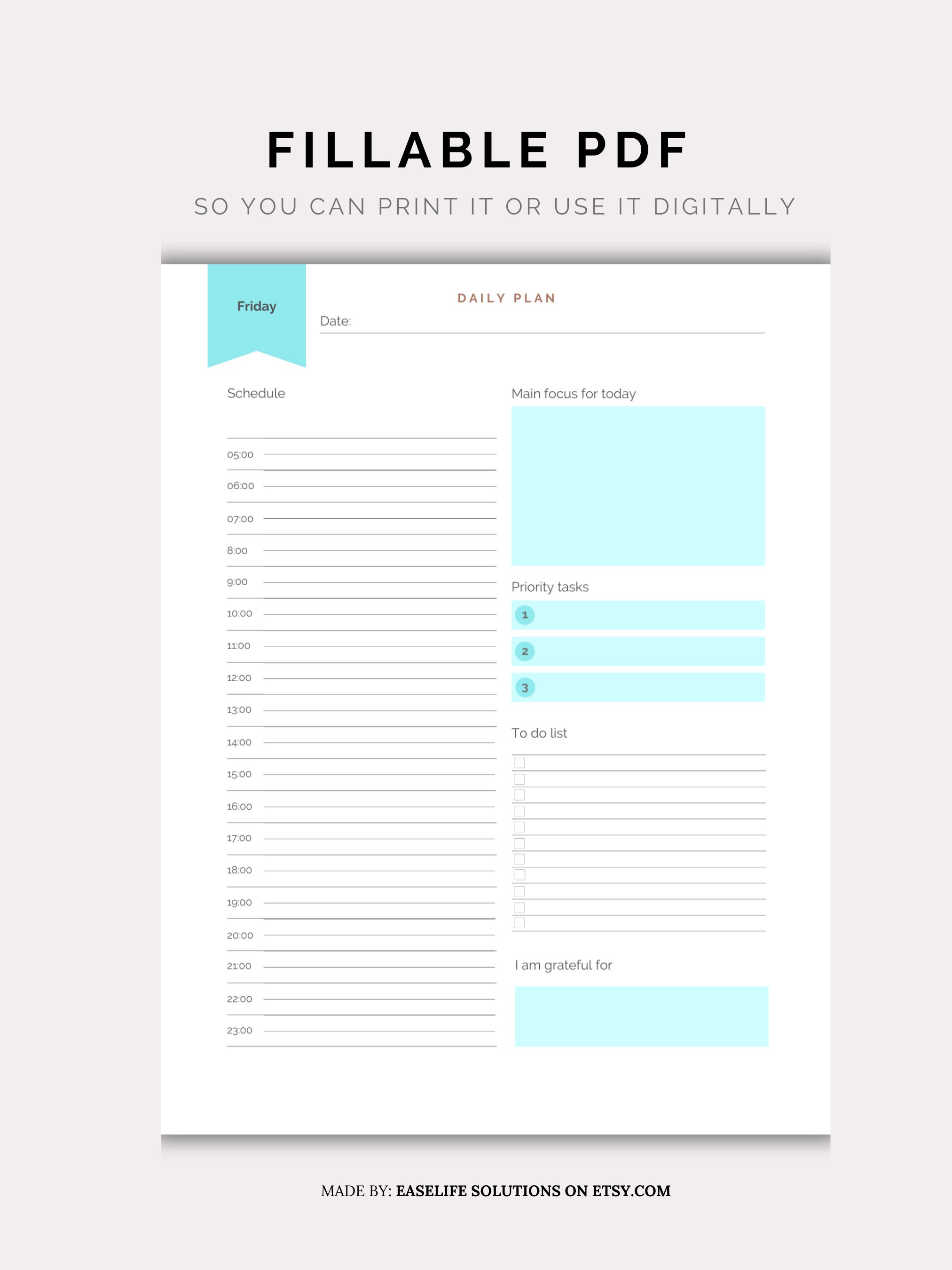 Daily Planner, Printable 7 Day Planner, Weekly Planner, Hourly Planner ...