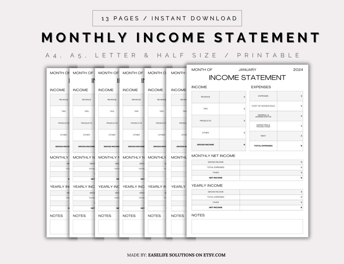 Printable Monthly Income Statement Tracker, Income Expense Tracker ...