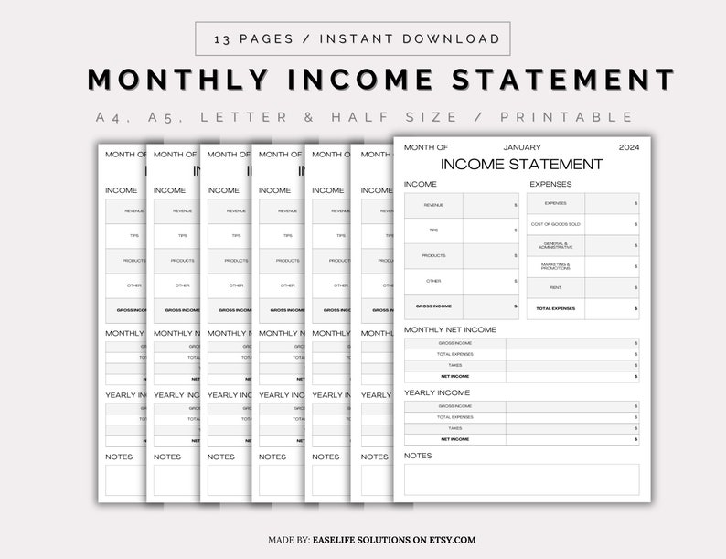 Printable Monthly Income Statement Tracker, Income Expense Tracker ...