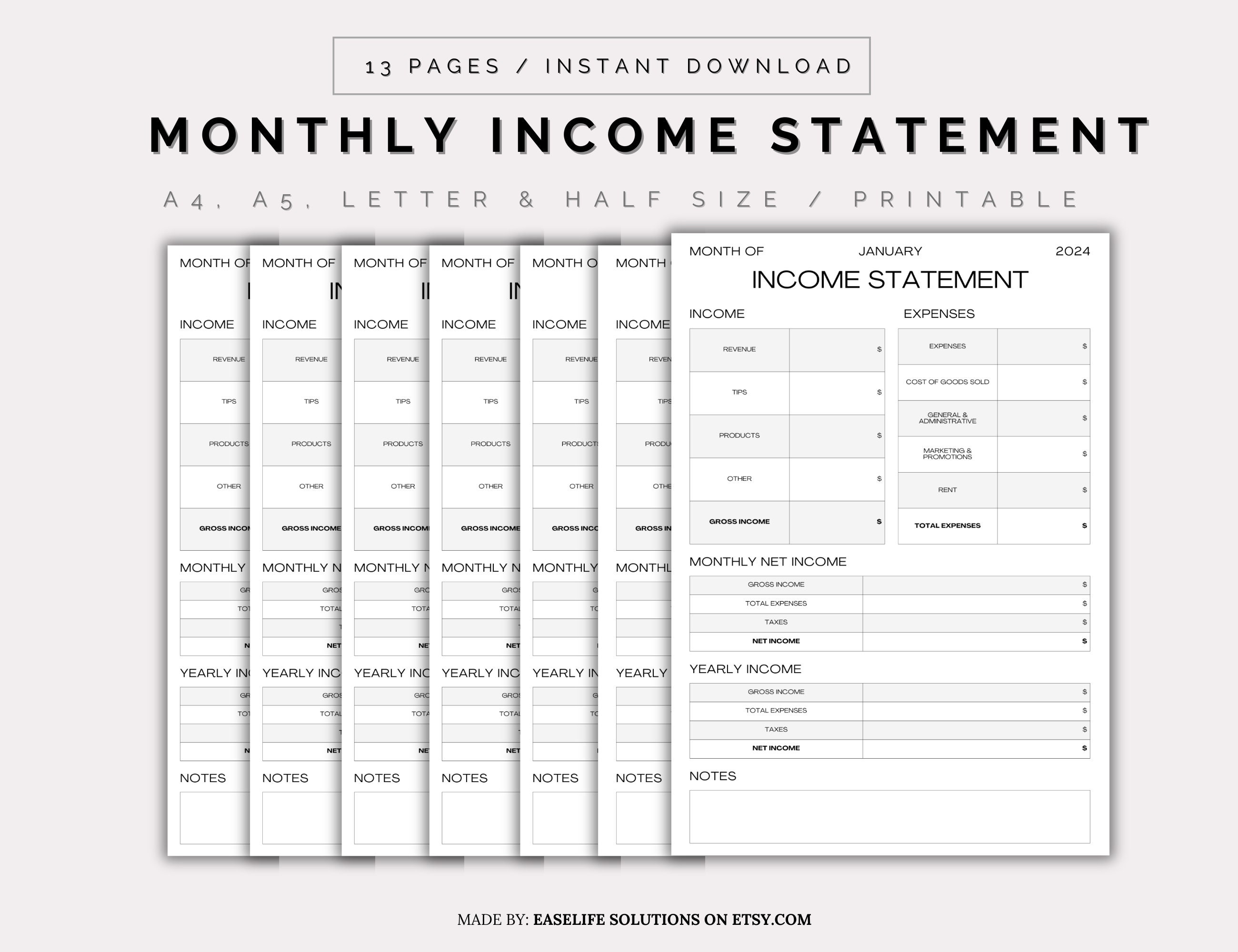Printable Monthly Income Statement Tracker, Income Expense Tracker ...
