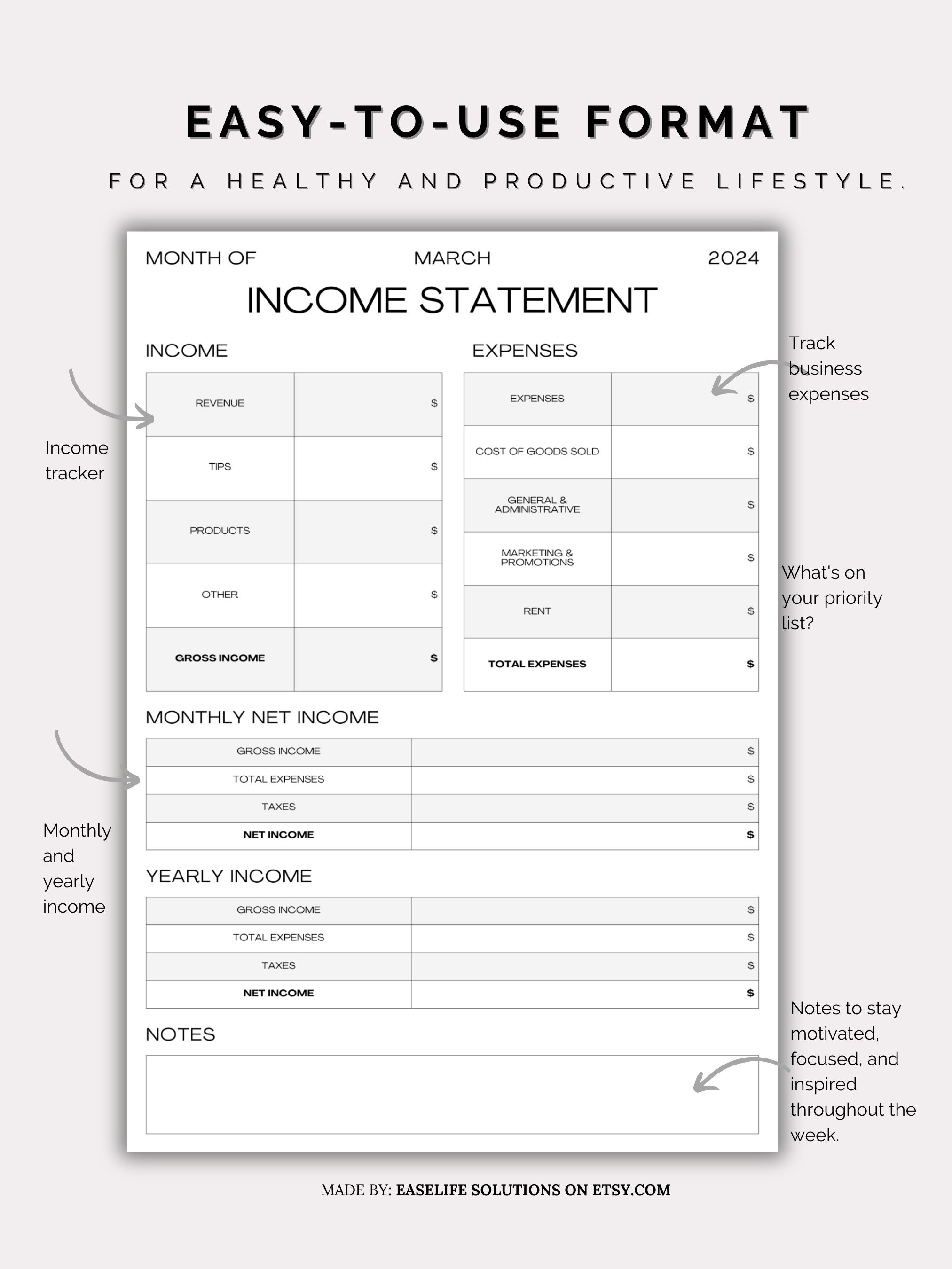 Printable Monthly Income Statement Tracker, Income Expense Tracker ...