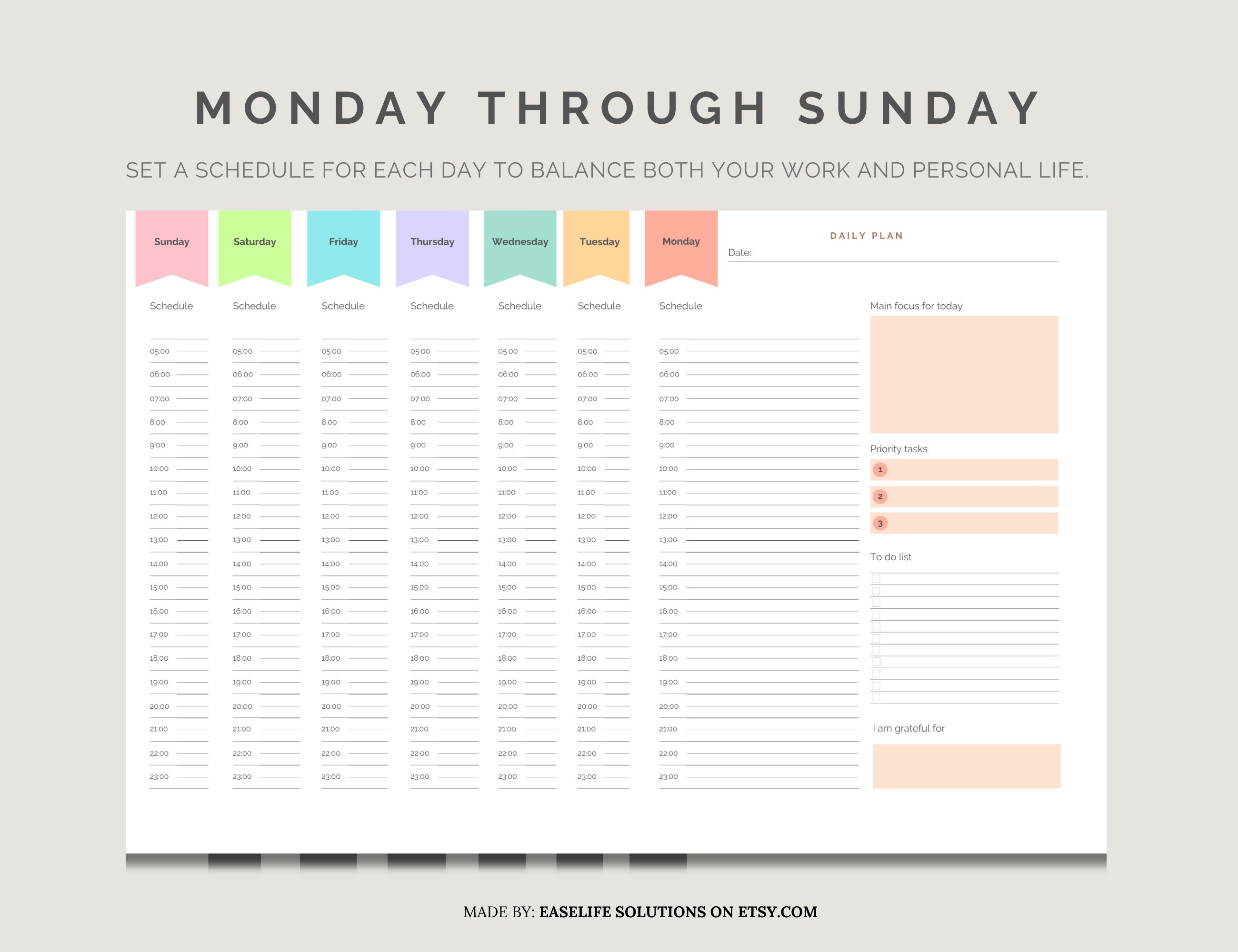 Daily Planner, Printable 7 Day Planner, Weekly Planner, Hourly Planner ...