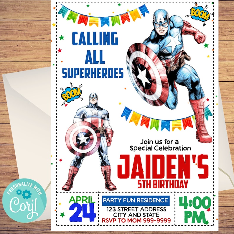 Editable Captain America Birthday Invitation, Template Captain America ...