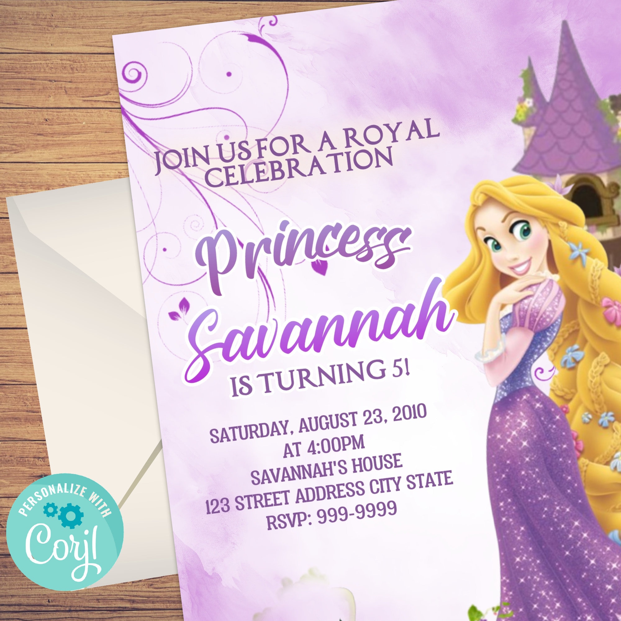 Princess Rapunzel Birthday Invitation, Princess Rapunzel, Rapunzel ...