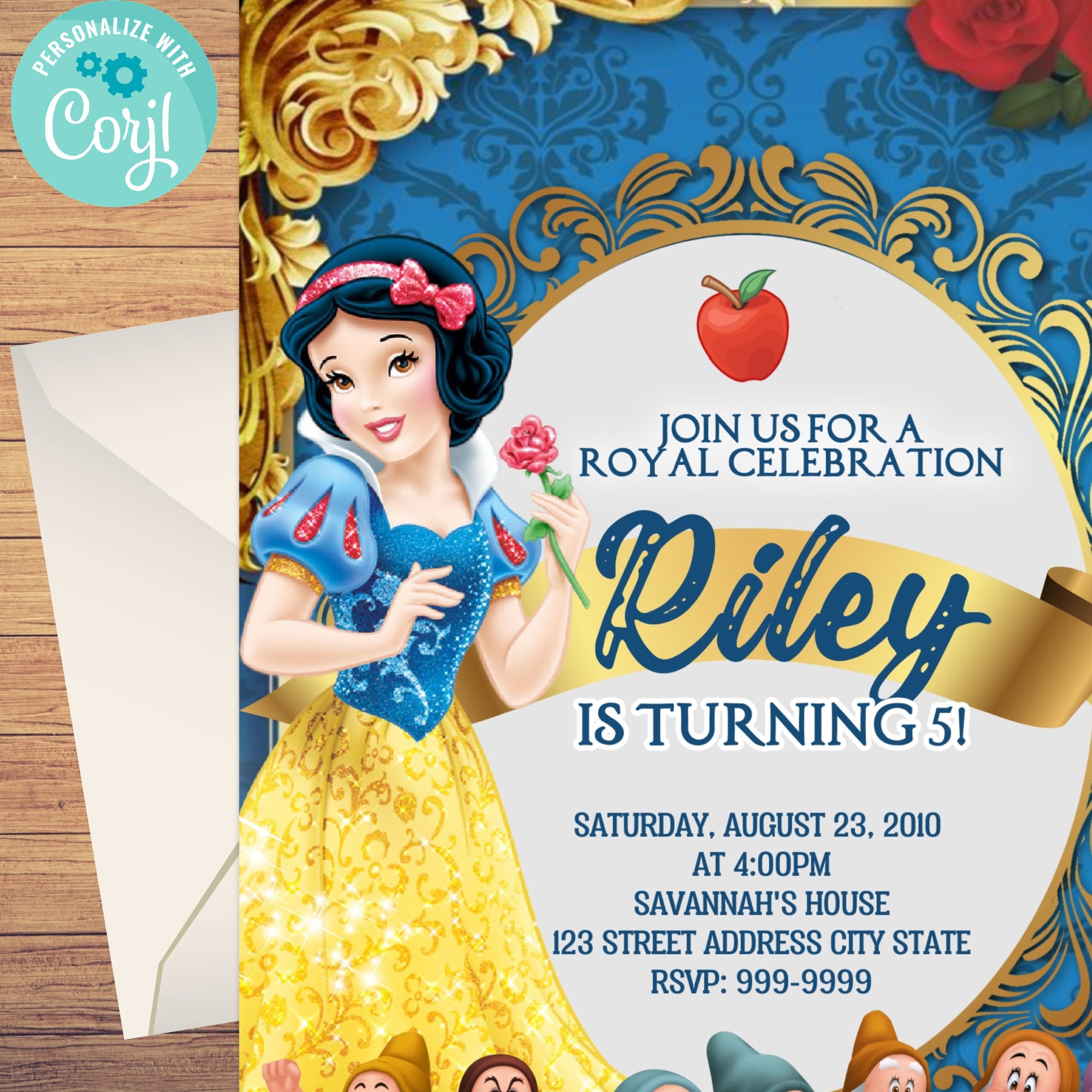Princess Snow White Birthday Invitation, Princess Snow White, Snow ...
