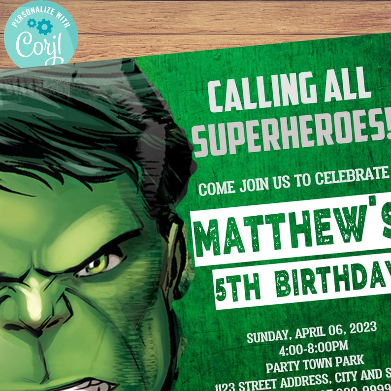Editable Hulk Birthday Invitation, Template Hulk, Superhero Invite ...